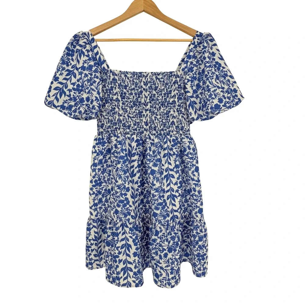 THML | Dresses | Thml Blue White Floral Smocked Mini Dress Medium Puff ...